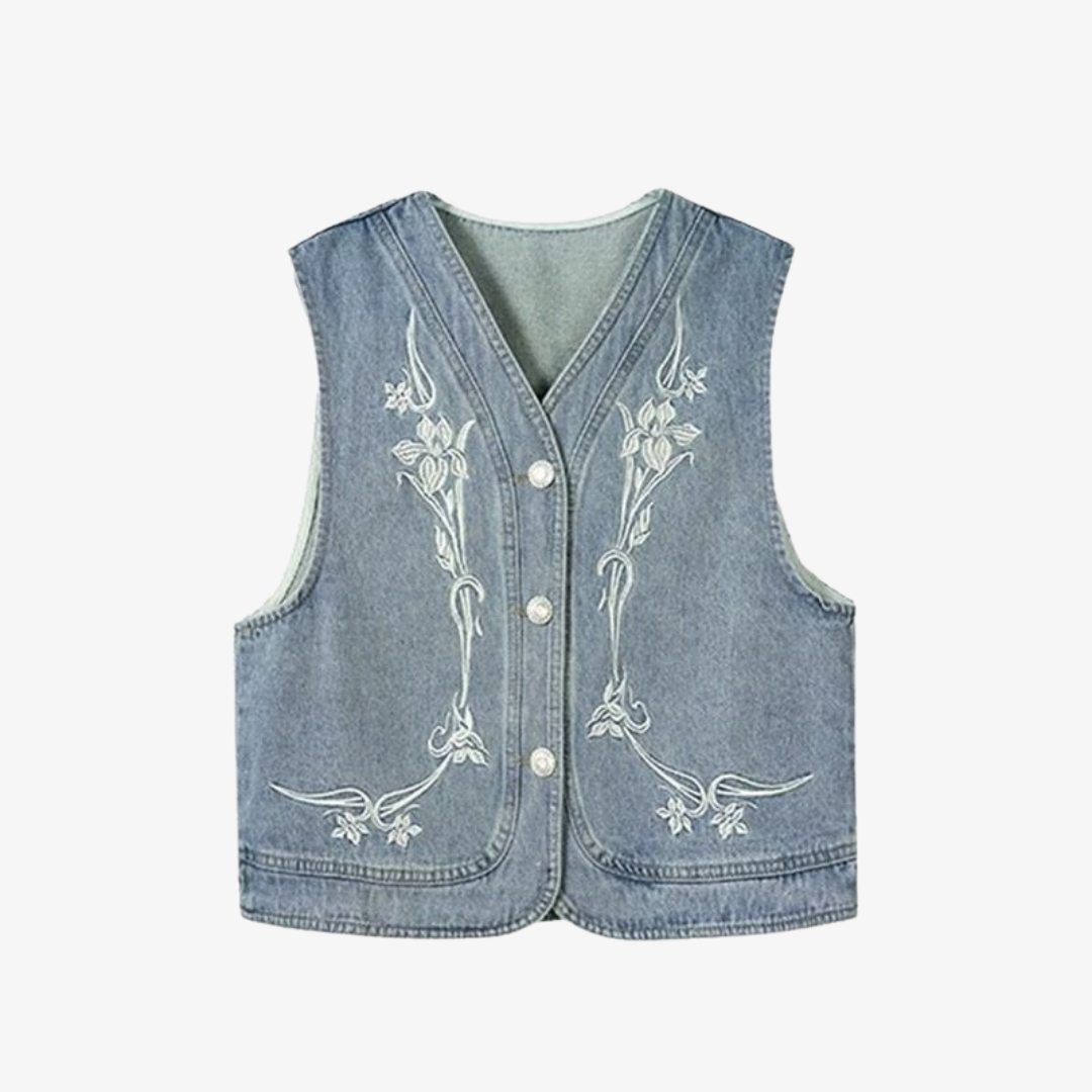 Chaleco Sunrise Denim con bordado de flores y botones - Talla M/L – Kast.pe